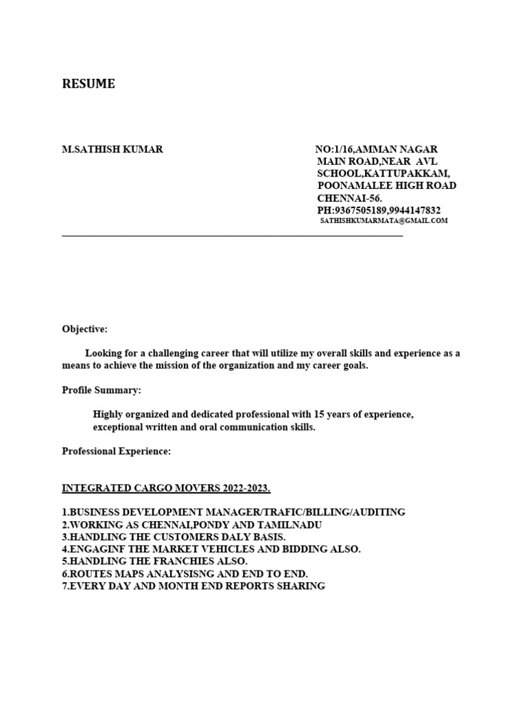 RESUME (Sathish Kumar) | PDF