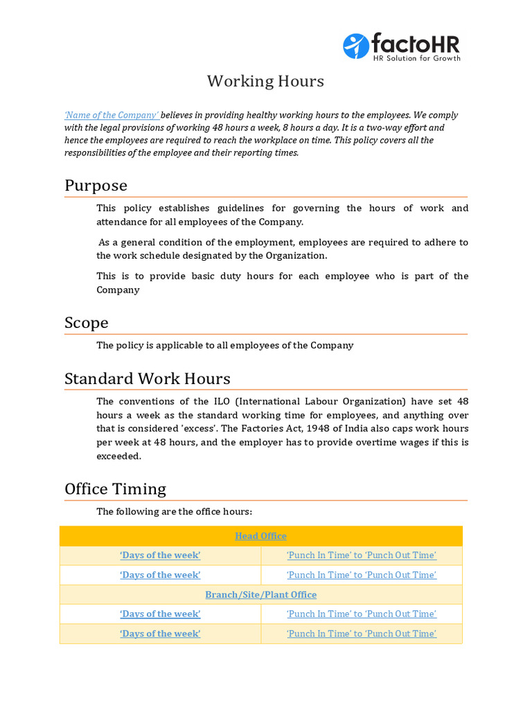 Working Hour Policy Sample - 2 | PDF