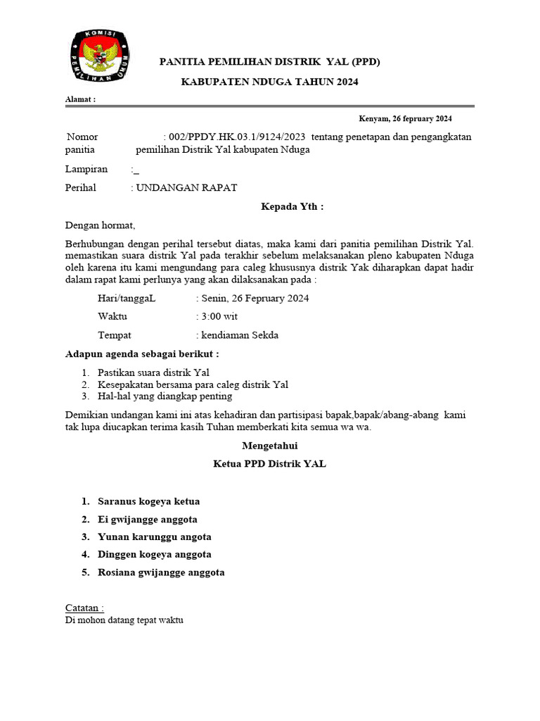 Undangan Rapat PPD Distrik Yal 2024 | PDF