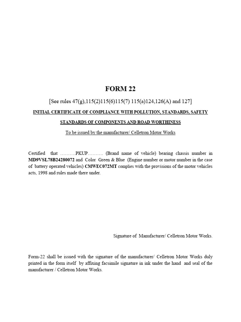 Initial Compliance Certificate Form 22 | PDF