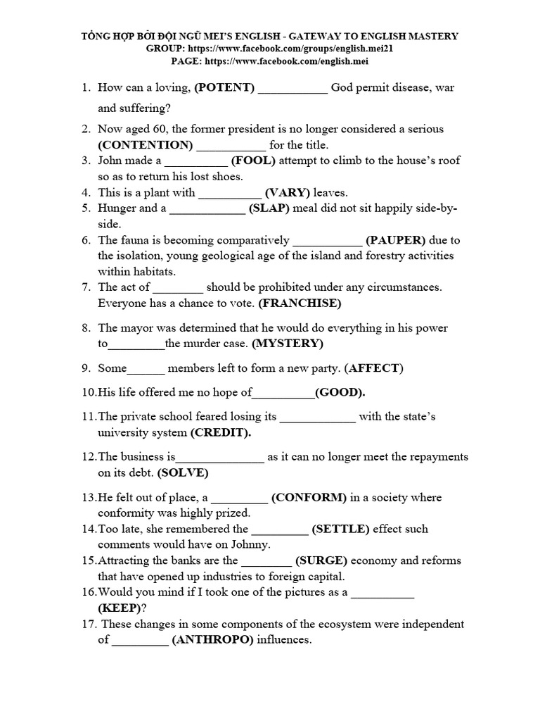 T NG H P 50 Câu Word Form Nâng Cao | PDF