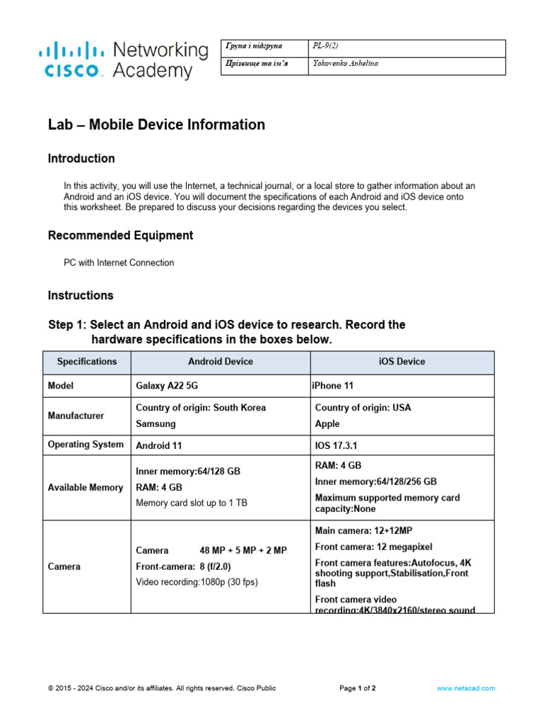 Yakovenko 7 1 1 10 Lab Mobile Device Information Eng Docx Pdf Ios