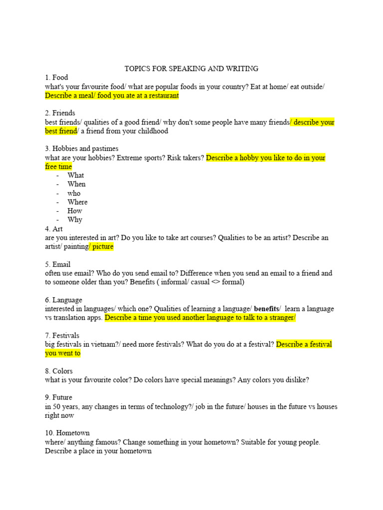 Topics For Speaking and Writing | PDF