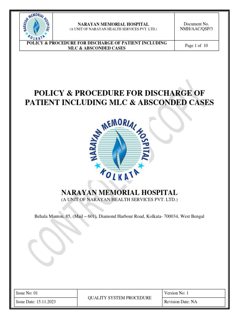 Nmhaacqsp3 Policy & Procedure For Discharge of Patient Including MLC & Absconded Cases | PDF ...