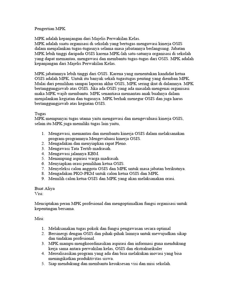 Contoh Visi Misi Calon Ketua MPK | PDF