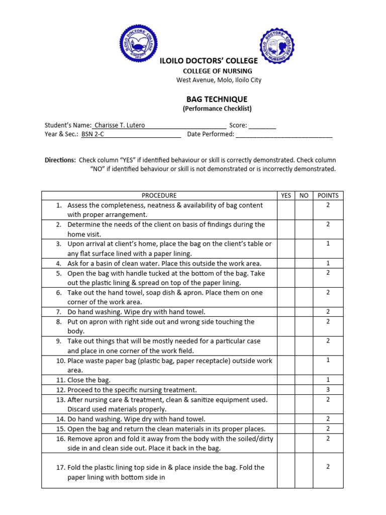 CHN 1 Skills - Bag Technique Checklist | PDF