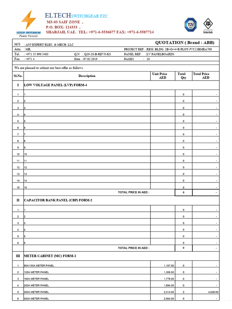 ABB Electrical Panels Quotation | PDF | Capacitor | Power (Physics)