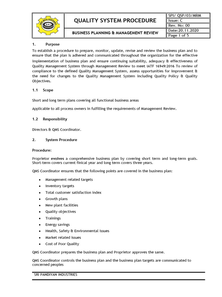 QSP 03 Management Review Rev 1 | PDF | Quality Management System | Quality Management