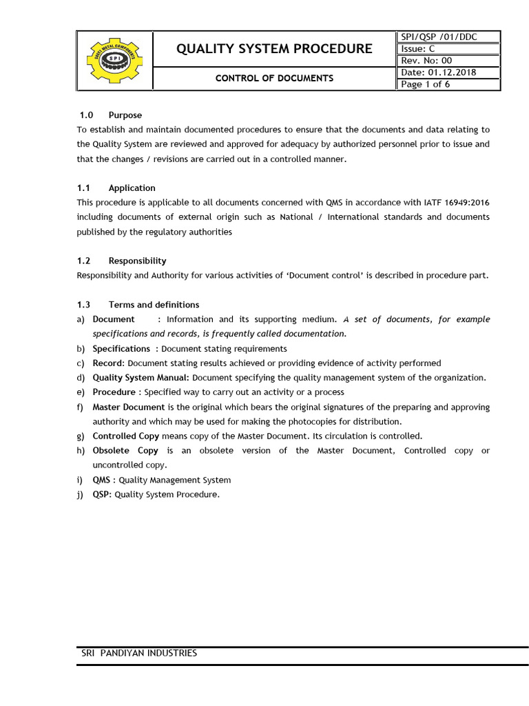 QSP 01 Control of Documents | PDF | Quality Management System | Specification (Technical Standard)