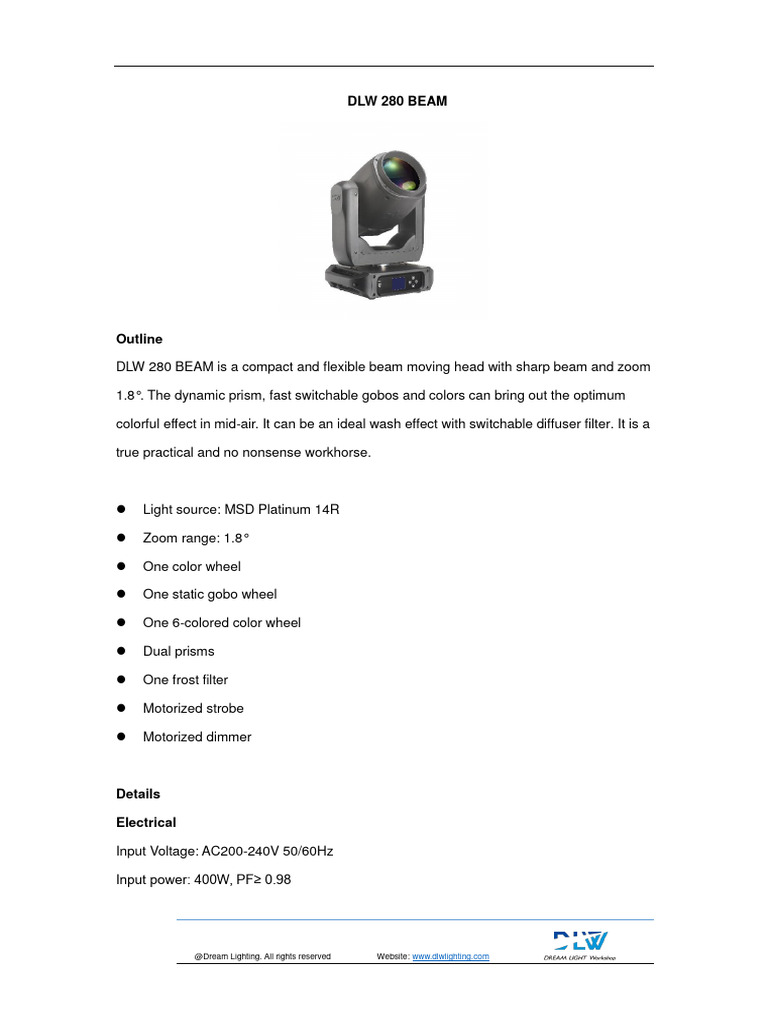 DLW 280 BEAM Light Spec | PDF | Electrical Engineering | Optics
