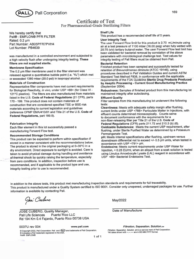 PALL - Certificate of Test - AB05PFR7PVH4 - PA4639 | PDF