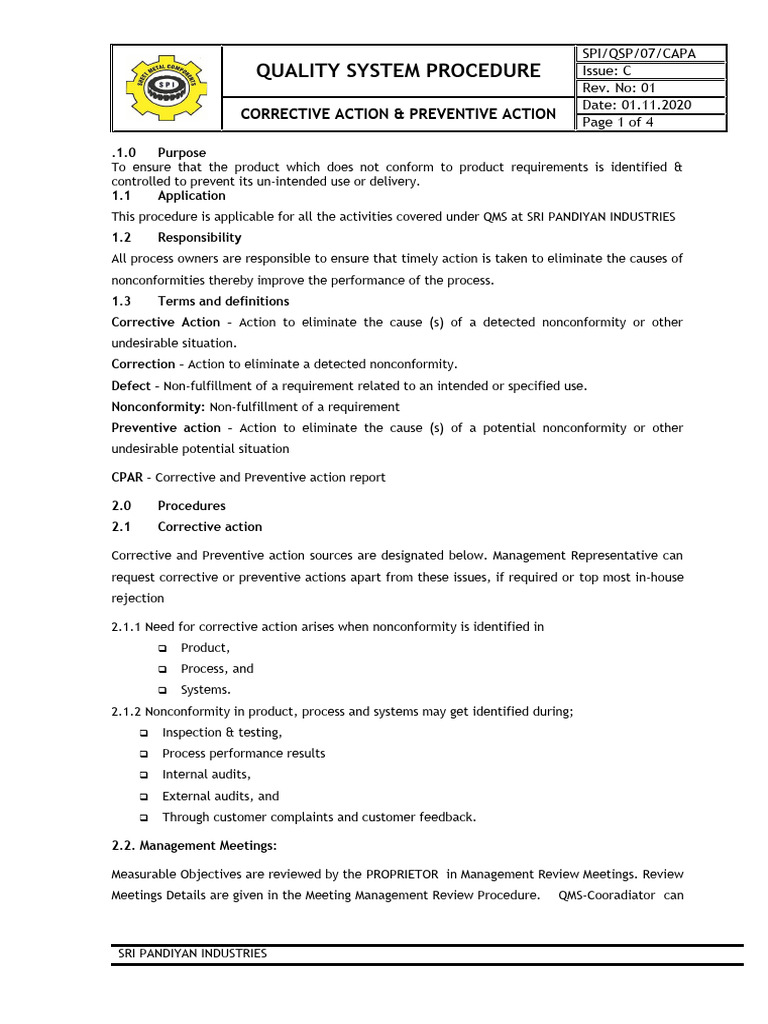 QSP 07 CAPA Rev 1 | PDF | Quality | Systems Thinking