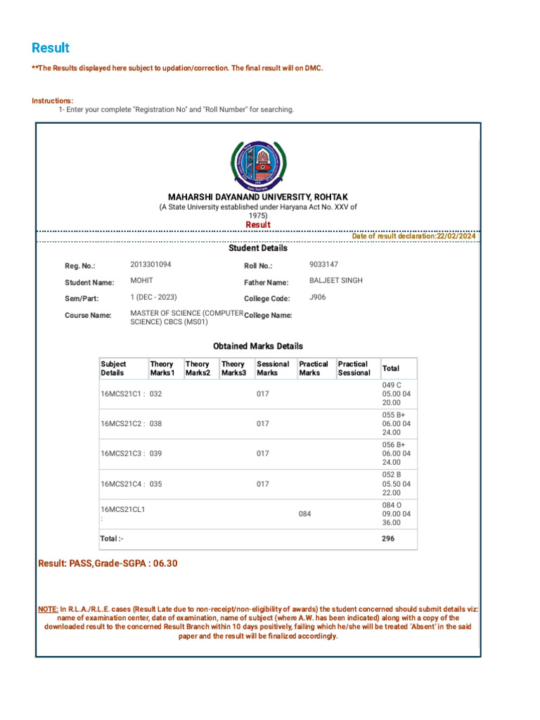 Msc 1st sem result | PDF