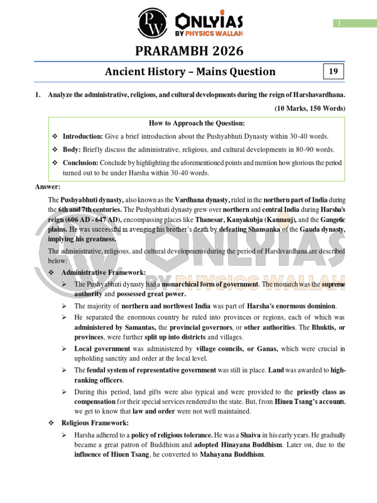 Ancient History 19 - Mains Question - UPSC Prarambh 2026 | PDF ...