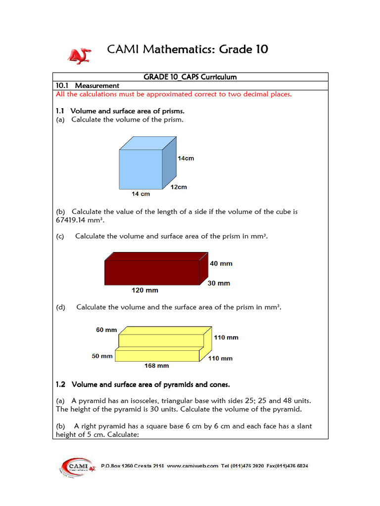 GRADE 10.volume and Surface Area | PDF | Volume | Area