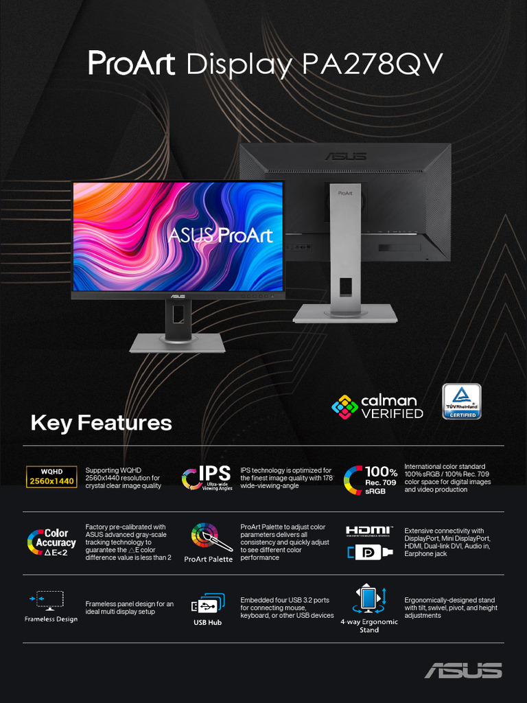 ProArt Display PA278QV Datasheet | PDF | Display Resolution | Computer ...