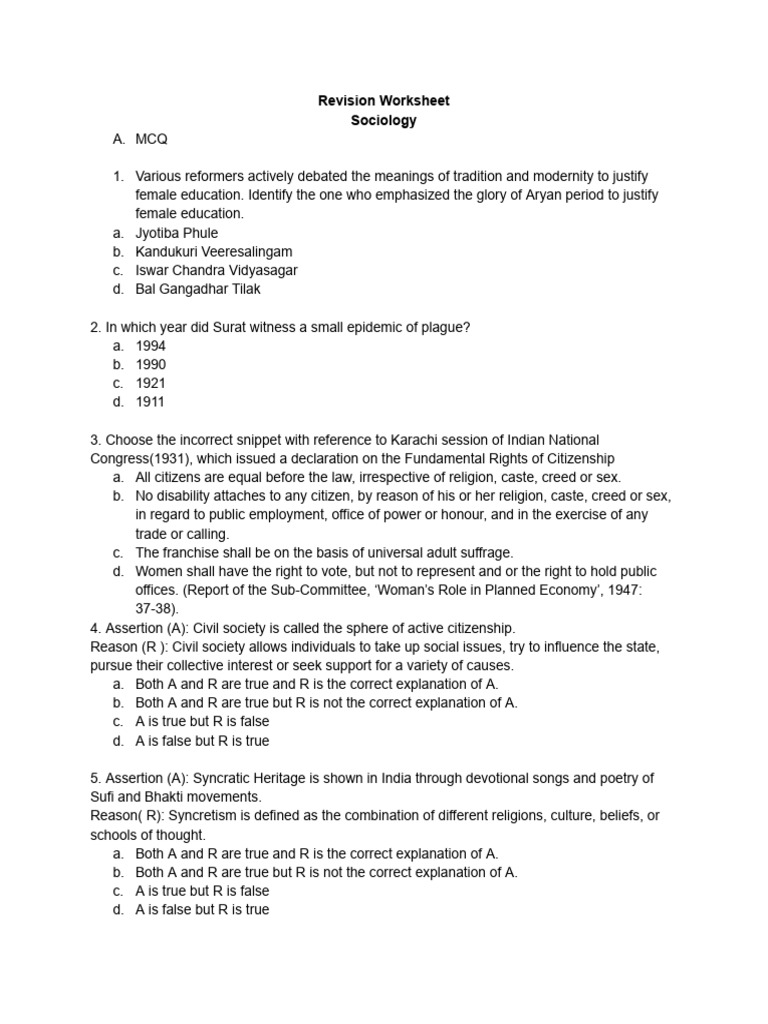 Sociology Revision Worksheet -1 XII | PDF | Suffrage | Citizenship