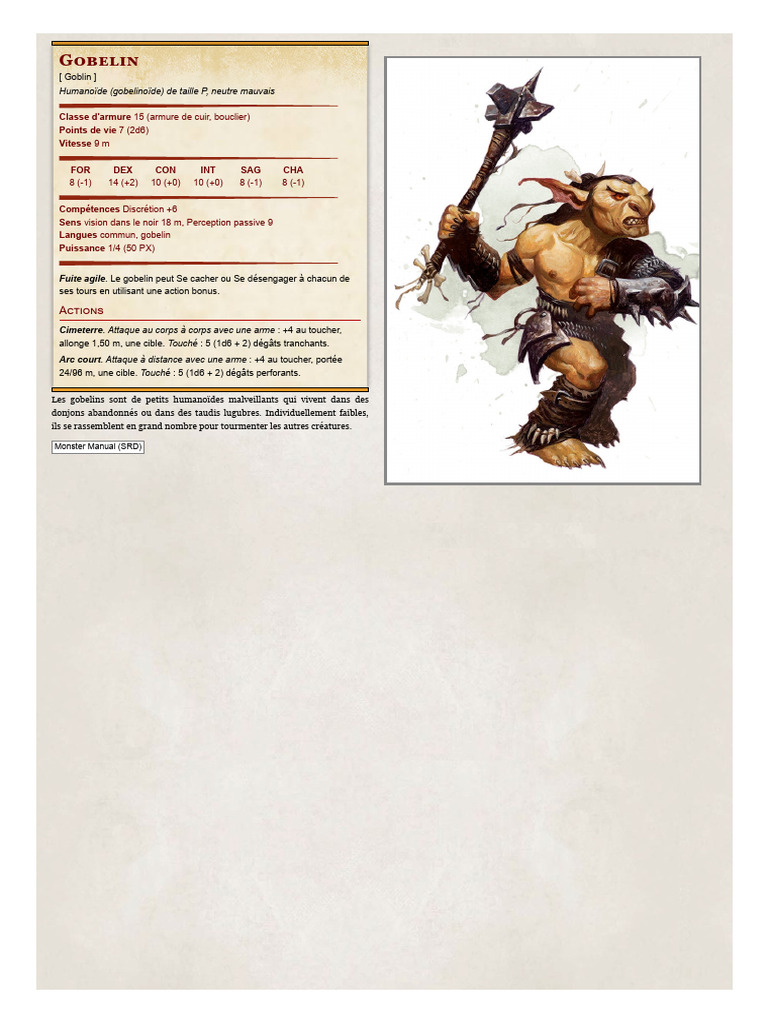 Gobelin Monstre Stat Block - D&D 5e | PDF