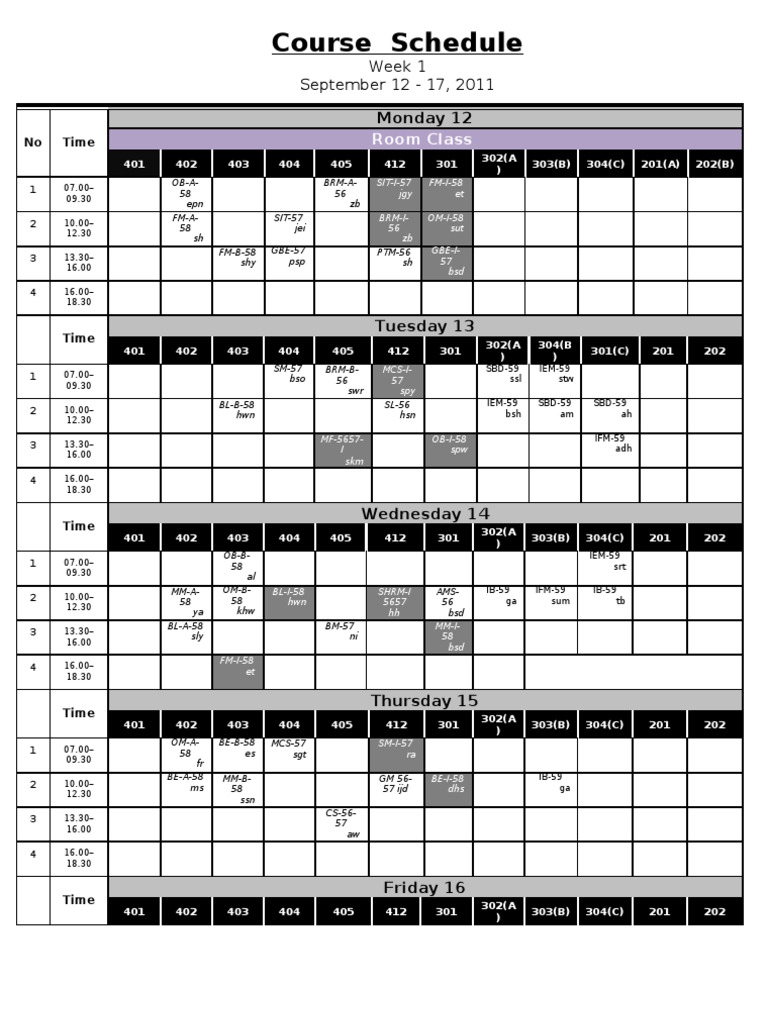 Weekly Course Schedule 2011 | PDF | Schools