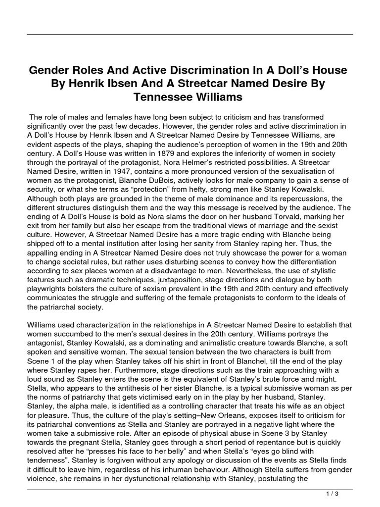 Gender Roles and Active Discrimination in A Dolls House by Henrik Ibsen ...