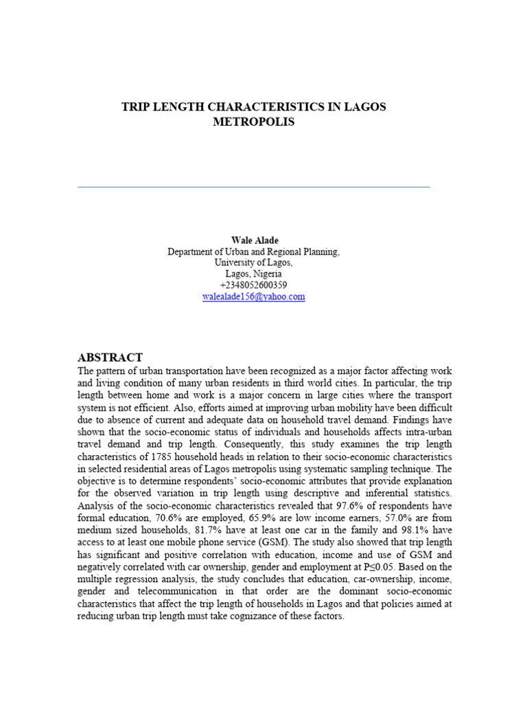 Trip Length Characteristics in Lagos | PDF | Sampling (Statistics ...