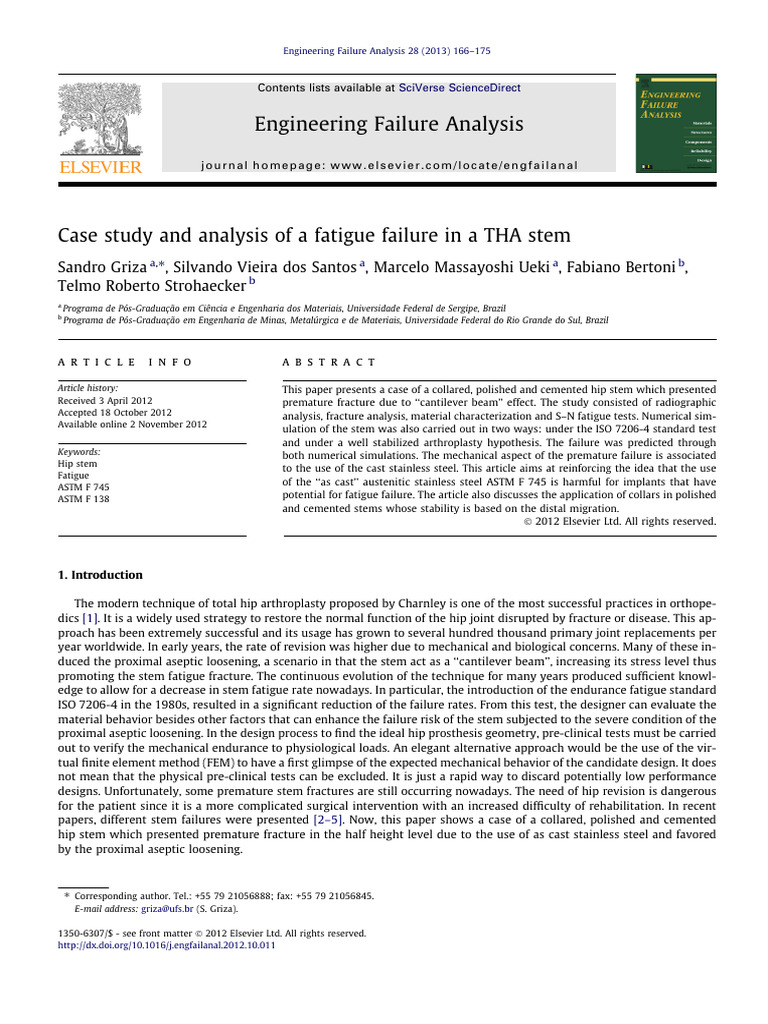 Case study and analysis of a fatigue failure in a THA stem | PDF ...