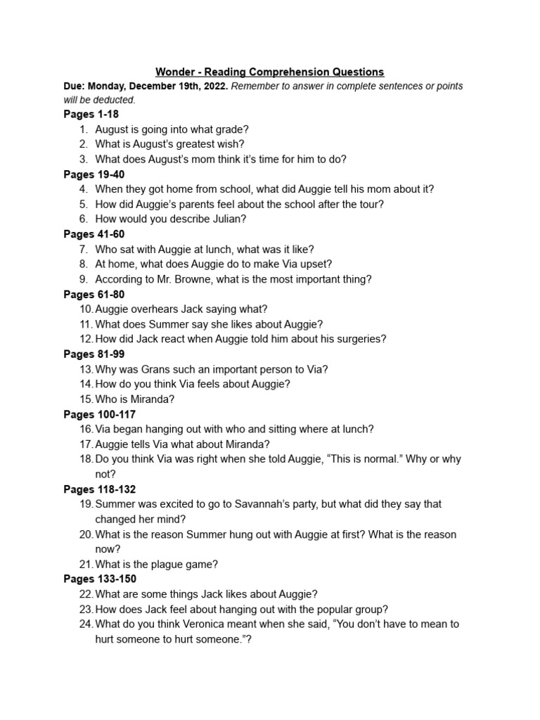 Wonder: Comprehension Questions Guide | PDF