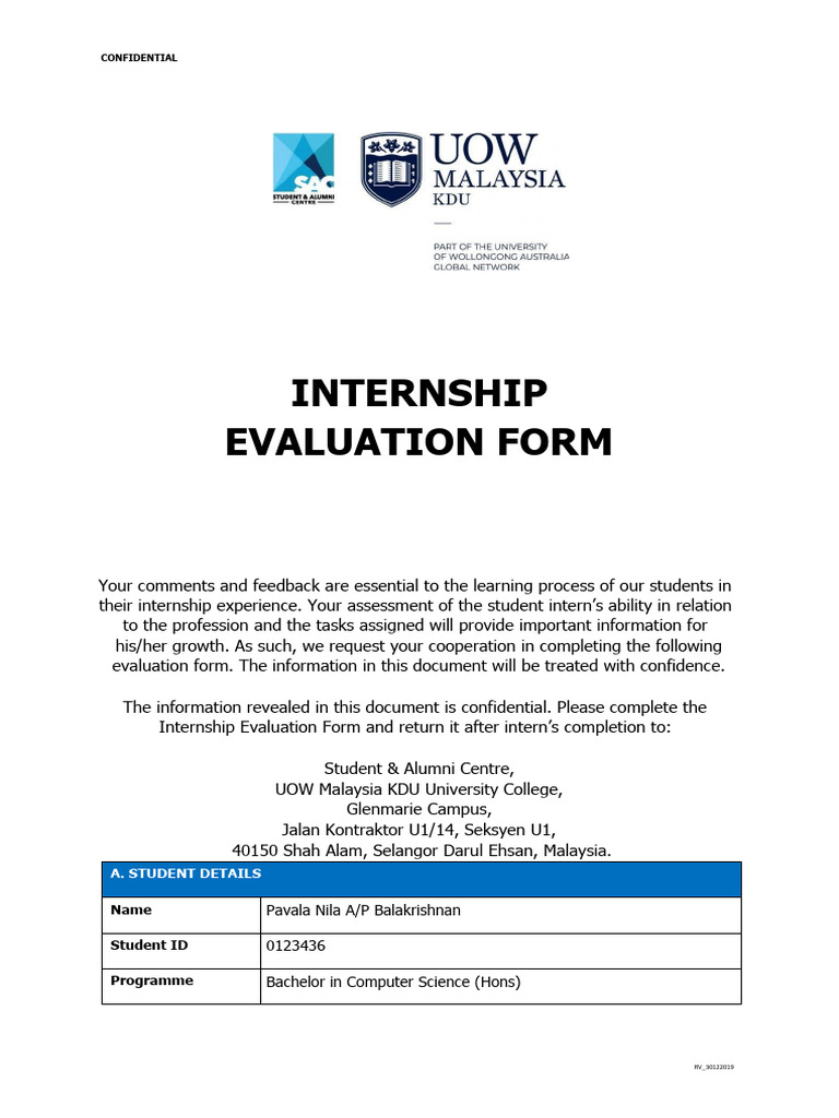 Internship Evaluation Form for Students | PDF | Leadership | Skill