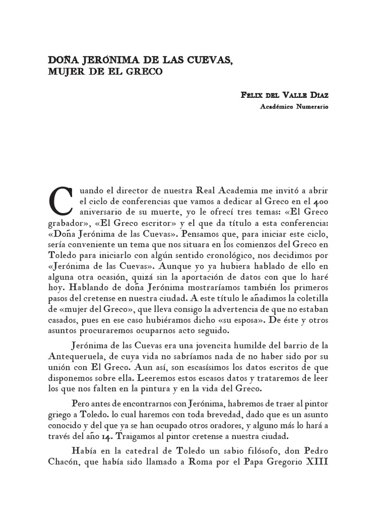Doña Jerónima de Las Cuevas Mujer de El Greco Por Félix Del Valle y Díaz | PDF | Depresión ...