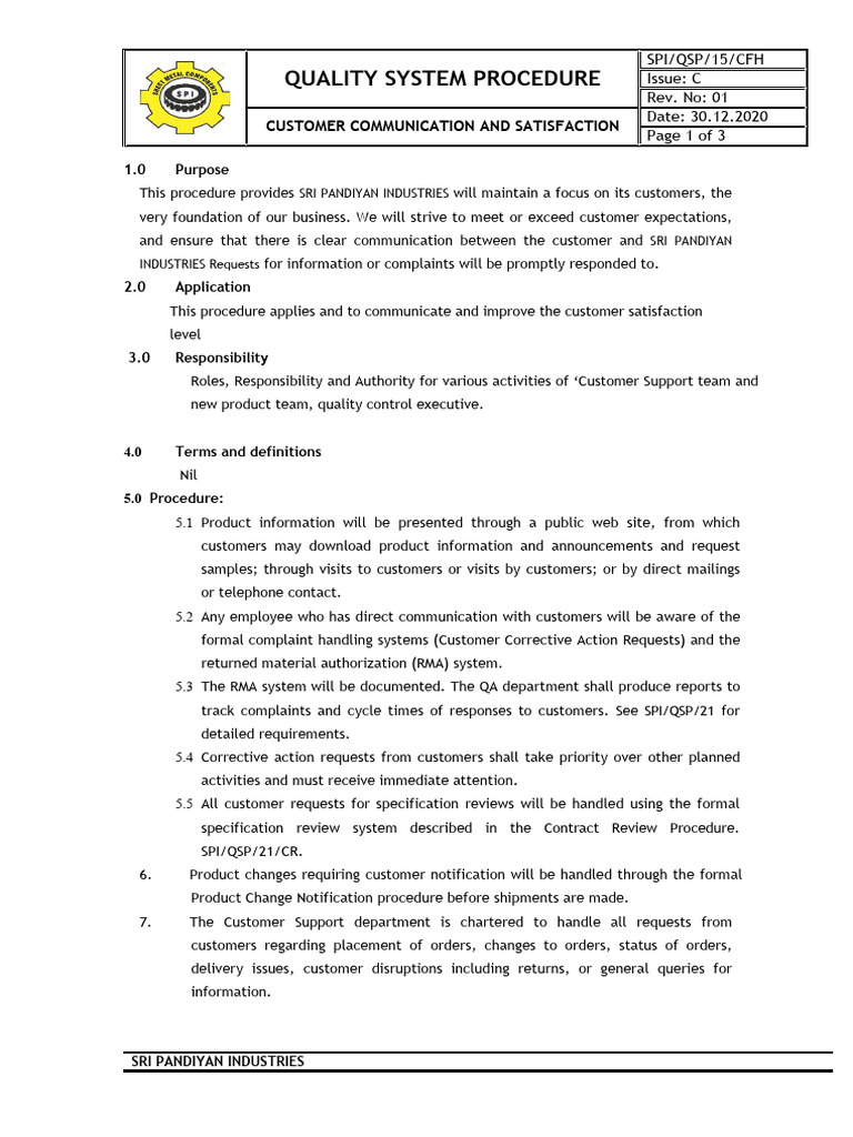 QSP 15.customer Communication Satisfaction Rev 1 | PDF