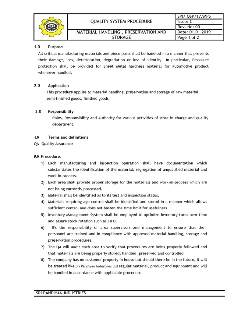 QSP 17.material Handling, Preservation | PDF | Quality Assurance ...