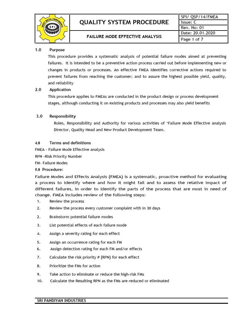 QSP 14 Fmea Procedure - 01 | PDF | Evaluation | Methodology