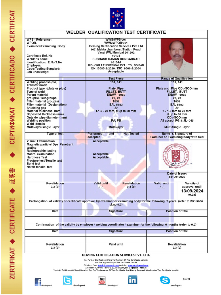 Welder Qualification Test Certificate | PDF | Welding | Construction