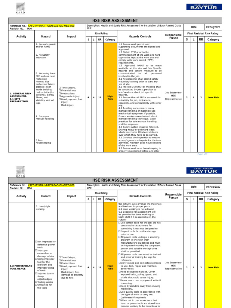 Risk Assessment - Installation of Back Painted Glass | PDF | Personal Protective Equipment | Risk