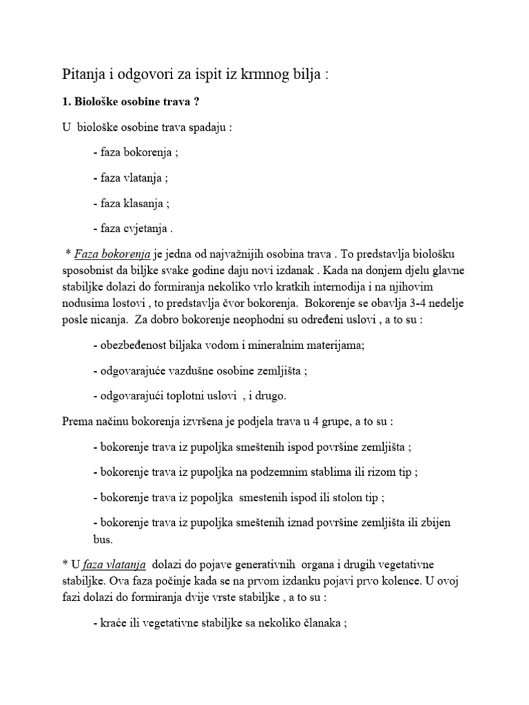 Pitanja I Odgovori Za Ispit Iz Krmnog Bilja | PDF