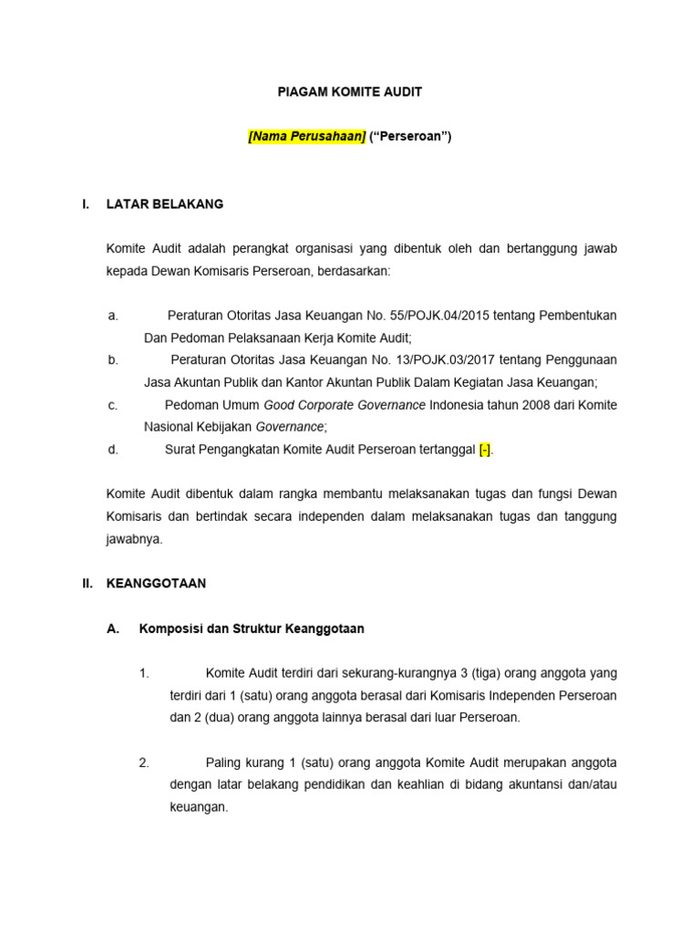 (Template) Draft Piagam Komite Audit (RevSD) | PDF (Template) Draft Piagam Komite Audit (RevSD) | PDF