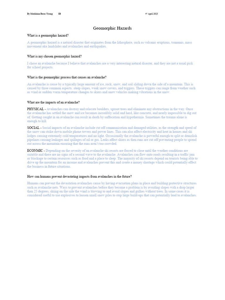 Geomorphic Hazards FORMATIVE | PDF | Snow | Natural Disasters