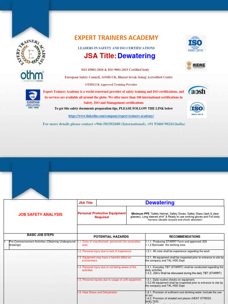 Expert-jsa Dewatering Work | PDF | Personal Protective Equipment | Crane (Machine)