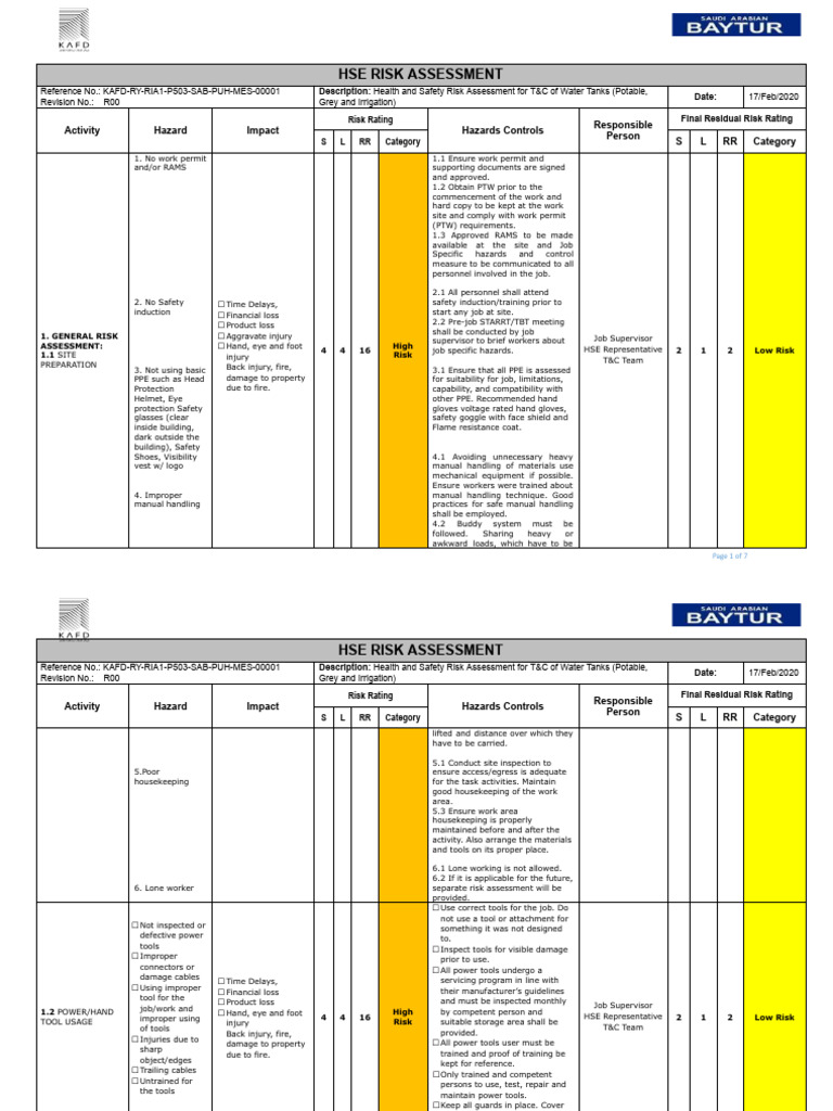 Risk Assessment - T&C For Water Tanks | PDF | Personal Protective ...