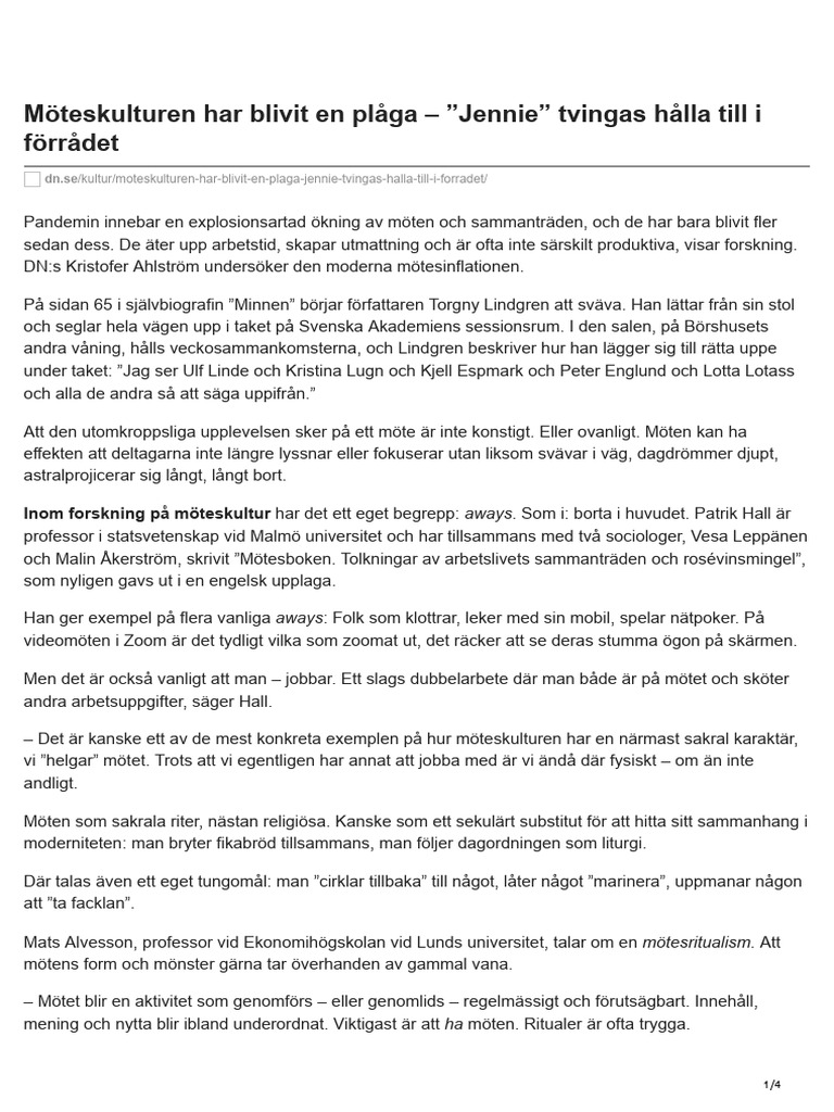 DN - Se-Möteskulturen Har Blivit en Plåga Jennie Tvingas Hålla Till I ...