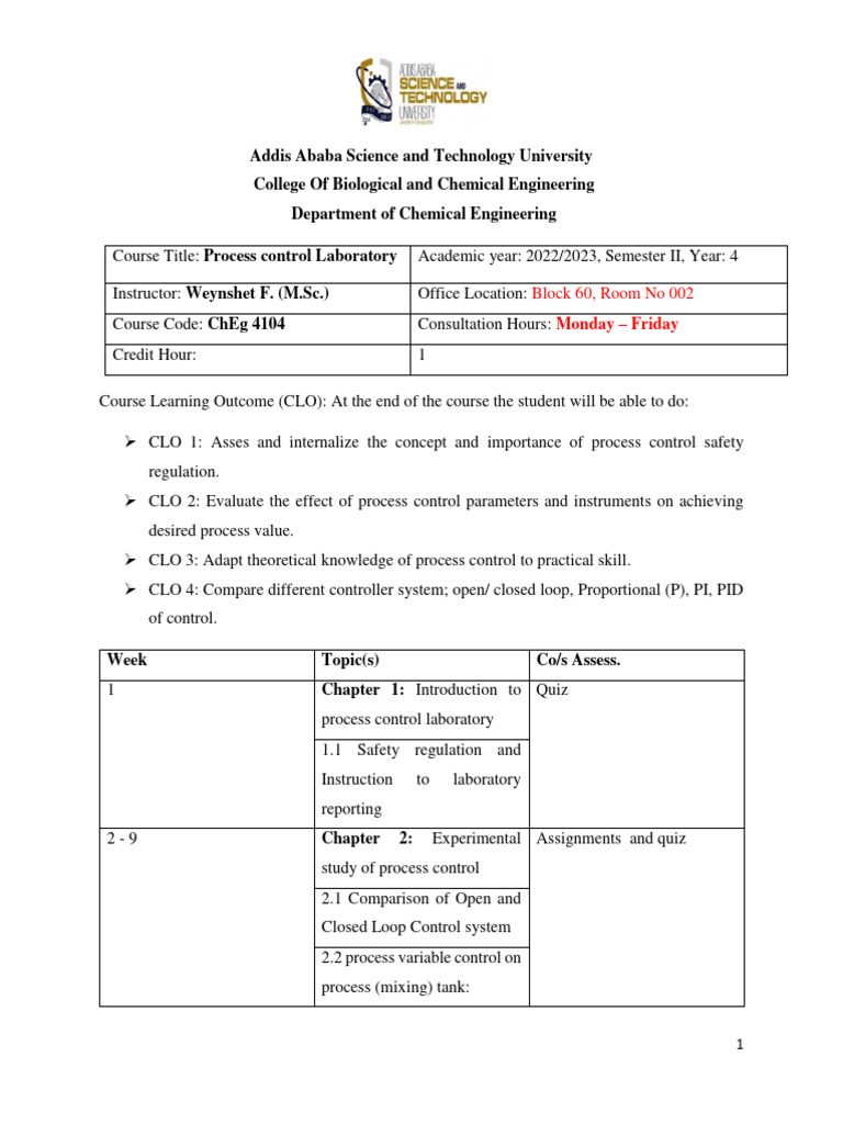 Process Control Lab. Course Outline | PDF | Control Theory | Laboratories