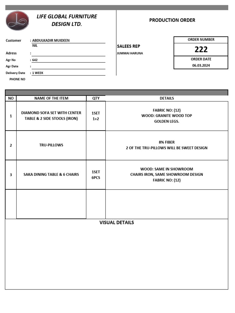 Furniture Order Details for Customer | PDF