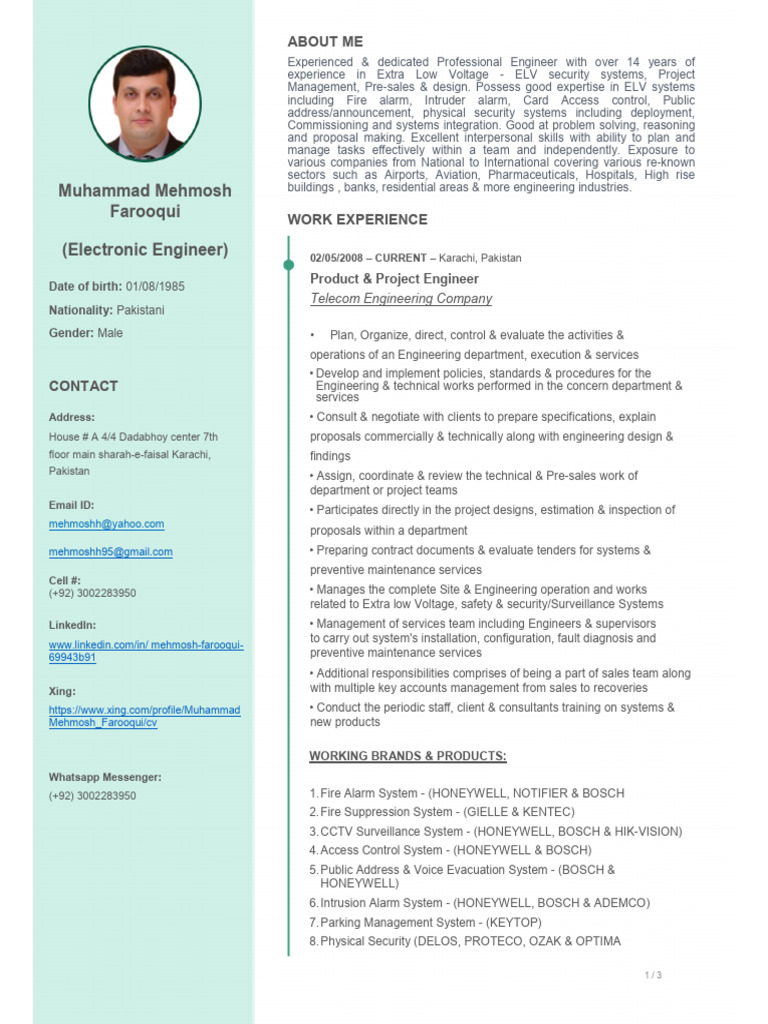 Mehmosh Farooqui - CV - EE | PDF | Karachi | Pakistan