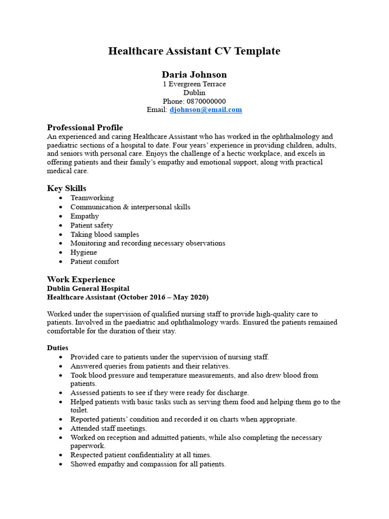 Healthcare Assistant CV Sample 1 | PDF