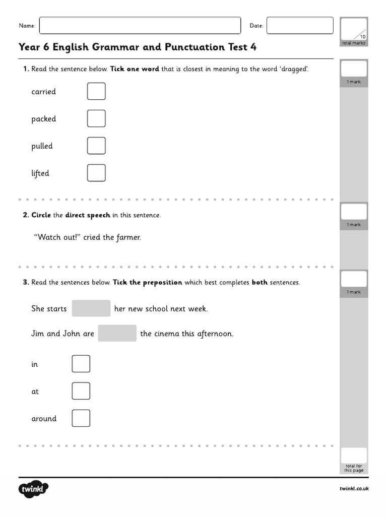 Year 6 English Grammar And Punctuation Test 4 Pdf