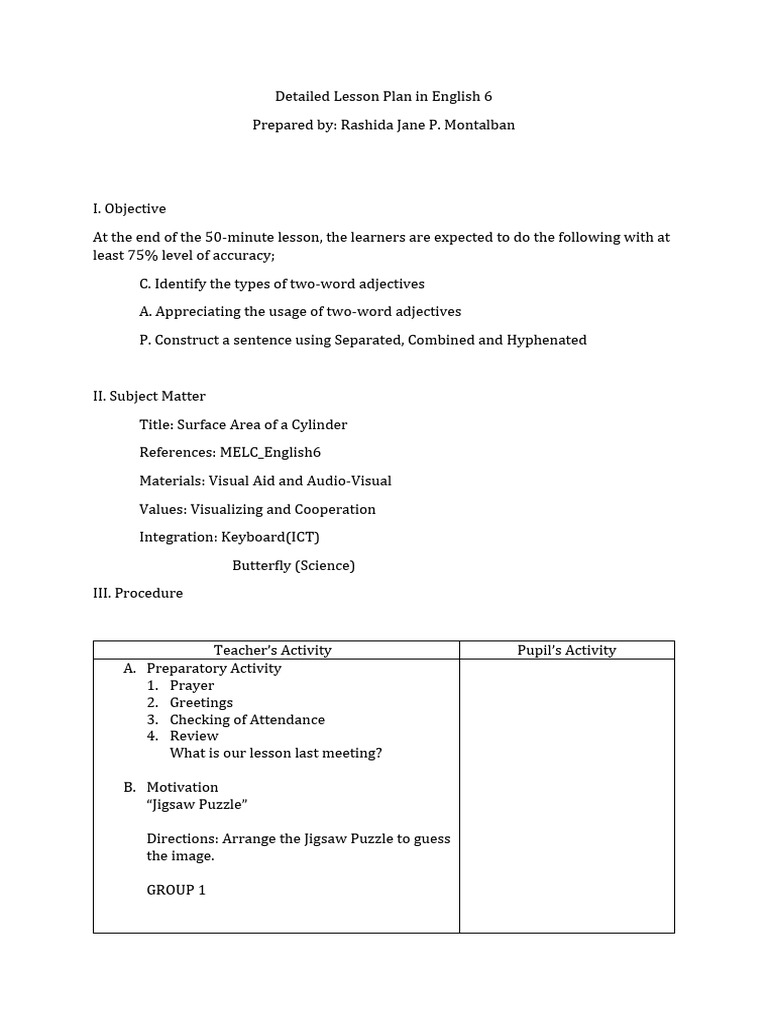 Syntax Lesson Plan for Compound Adjectives | PDF | Linguistics | Syntax
