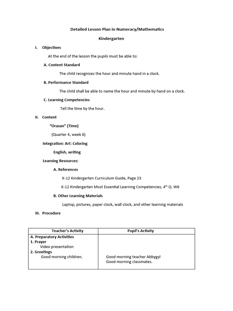 Kindergarten Lesson Plan: Telling Time | PDF | Teachers | Clock