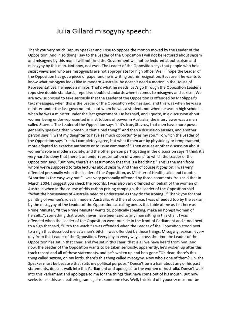 Julia Gillard Misogyny Speech | PDF