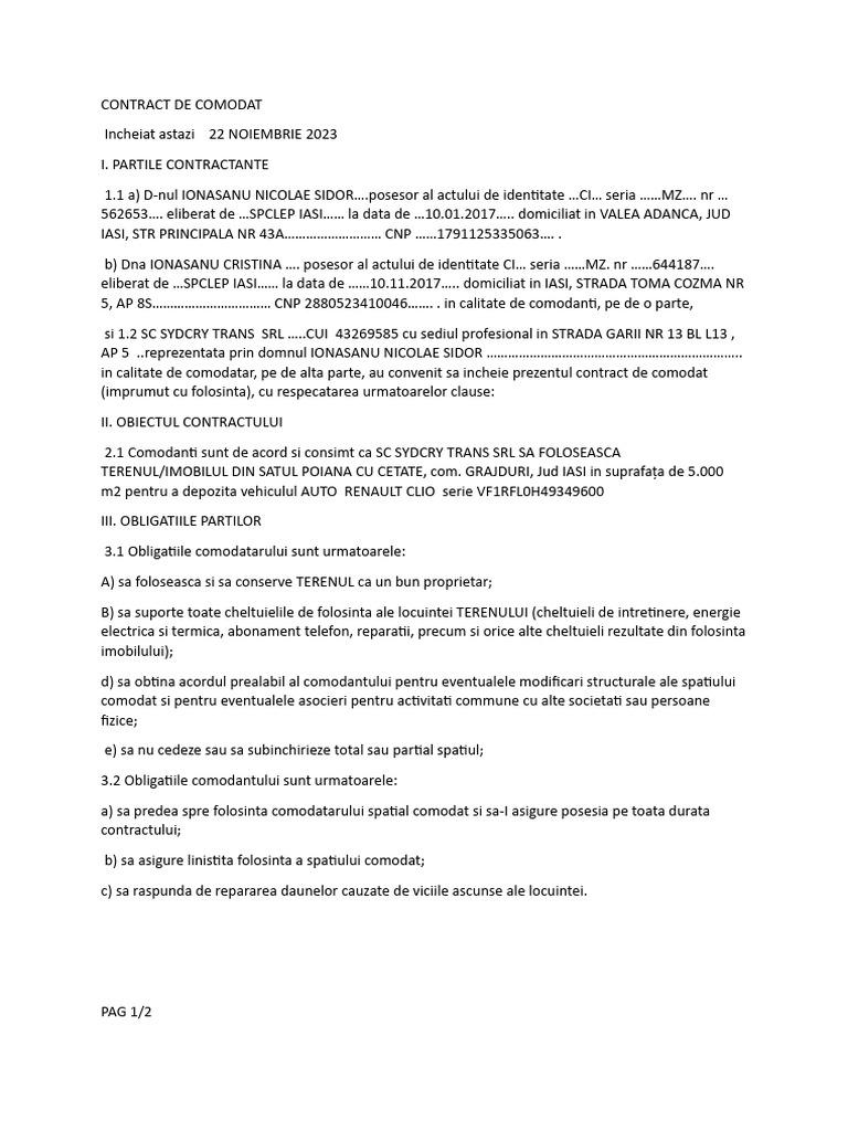 CONTRACT DE COMODAT | PDF