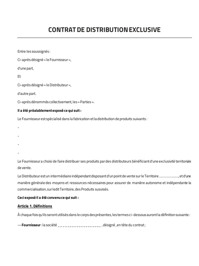 Contrat de Distribution Exclusive - Modèle - FR | PDF | Sodles | Publicité